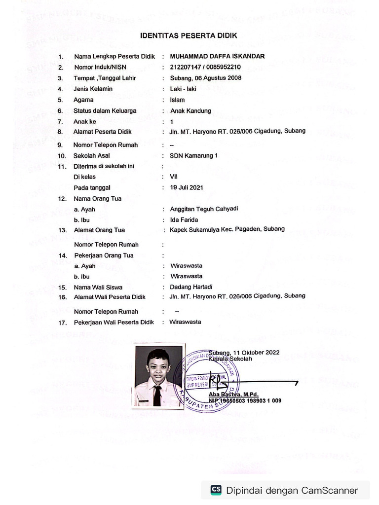 BiodataRapor - Daffa 9E | PDF