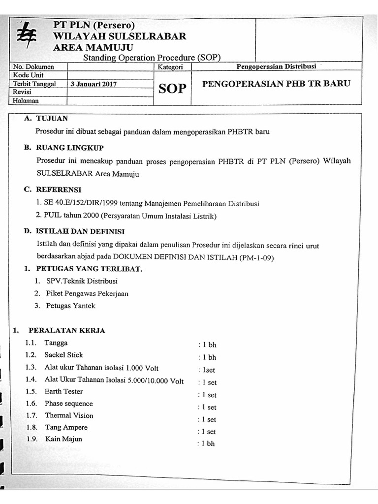 Sop Pengoperasian PHB TR Dan JTR | PDF