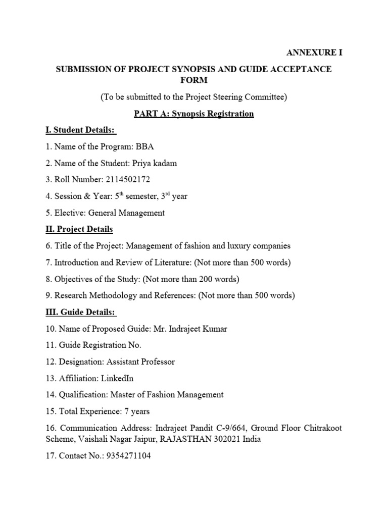 Annexure I & II (Project Guide, Synopsis) 14 MARCH | PDF