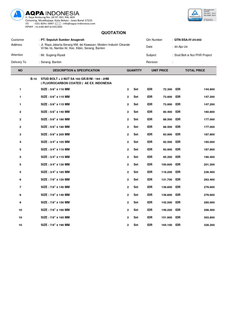 Stud Bolt & Nut - SPH AQPA Indonesia | PDF | Business | Accounting