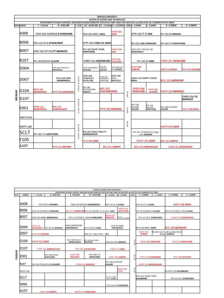 Updated 100l & de 2023-2024 2nd Semester and Summer & Post - Siwes Bs ...