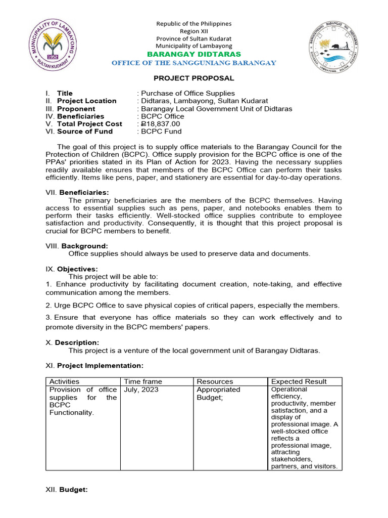 Project Proposal BCPC Office Supplies | PDF | Business