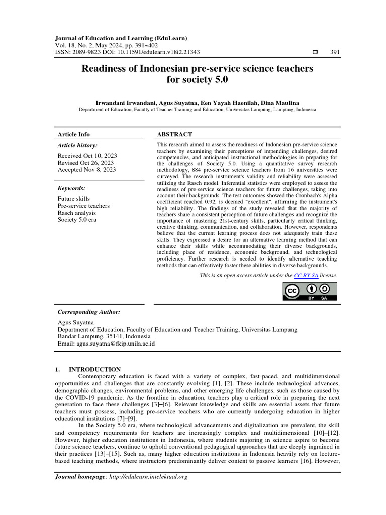 Readiness of Indonesian Pre-Service Science Teachers For Society 5.0 ... Readiness of Indonesian Pre-Service Science Teachers For Society 5.0 ...
