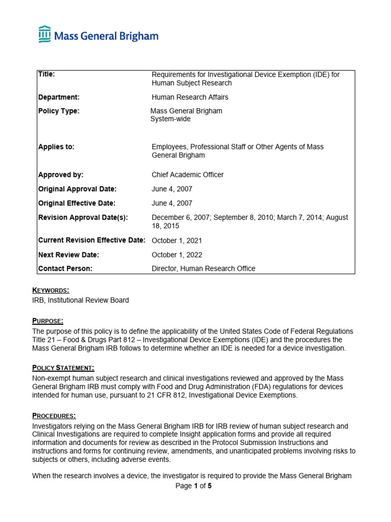 Requirements Investigational Device Exemption Human Subject Research ...
