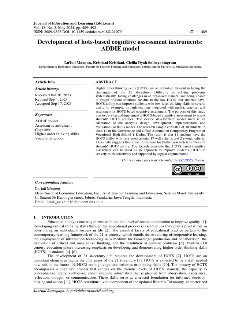 Development of Hots-Based Cognitive Assessment Instruments: ADDIE Model | PDF | Critical ...