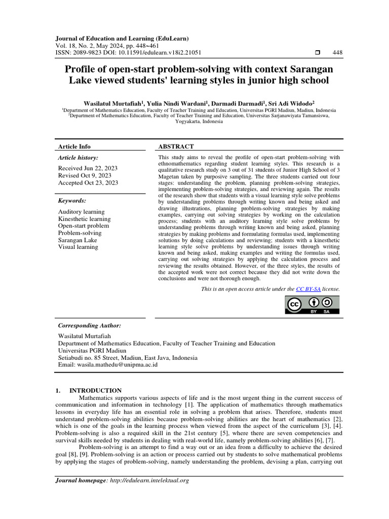 Profile of Open-Start Problem-Solving With Context Sarangan Lake Viewed Students' Learning ...