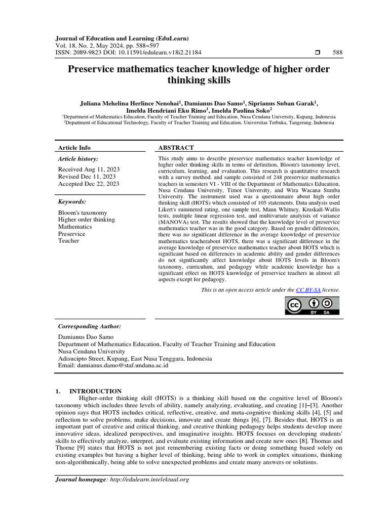 Preservice Mathematics Teacher Knowledge of Higher Order Thinking ...