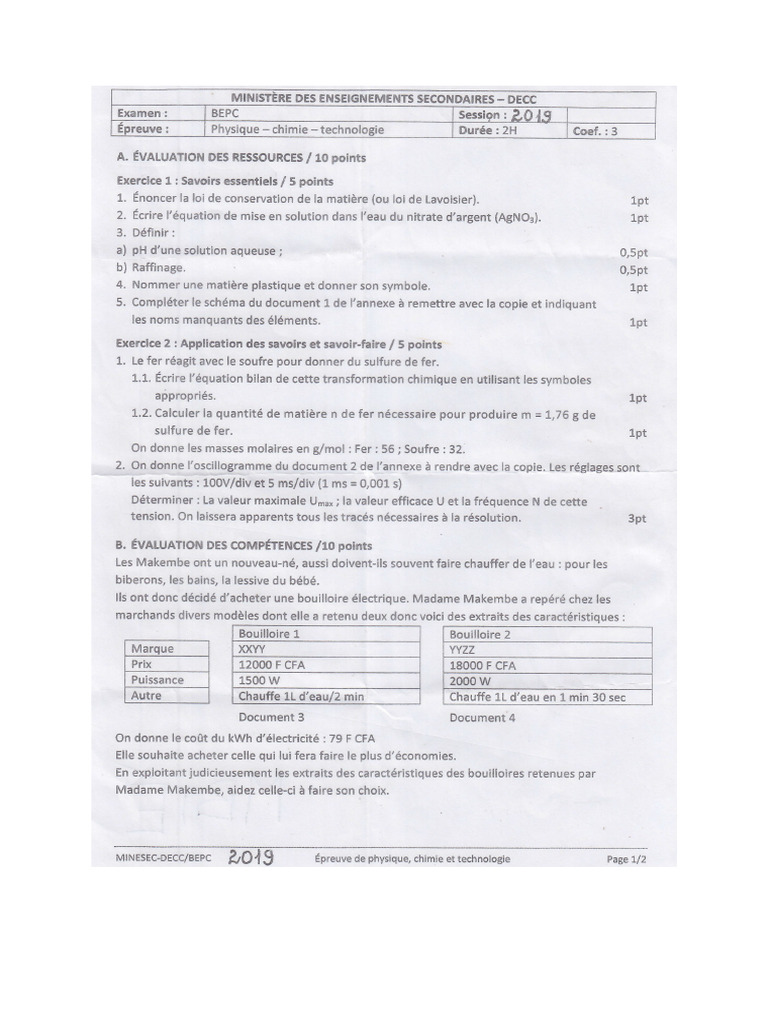Epreuve Bepc 2019 PCT, Cameroun | PDF