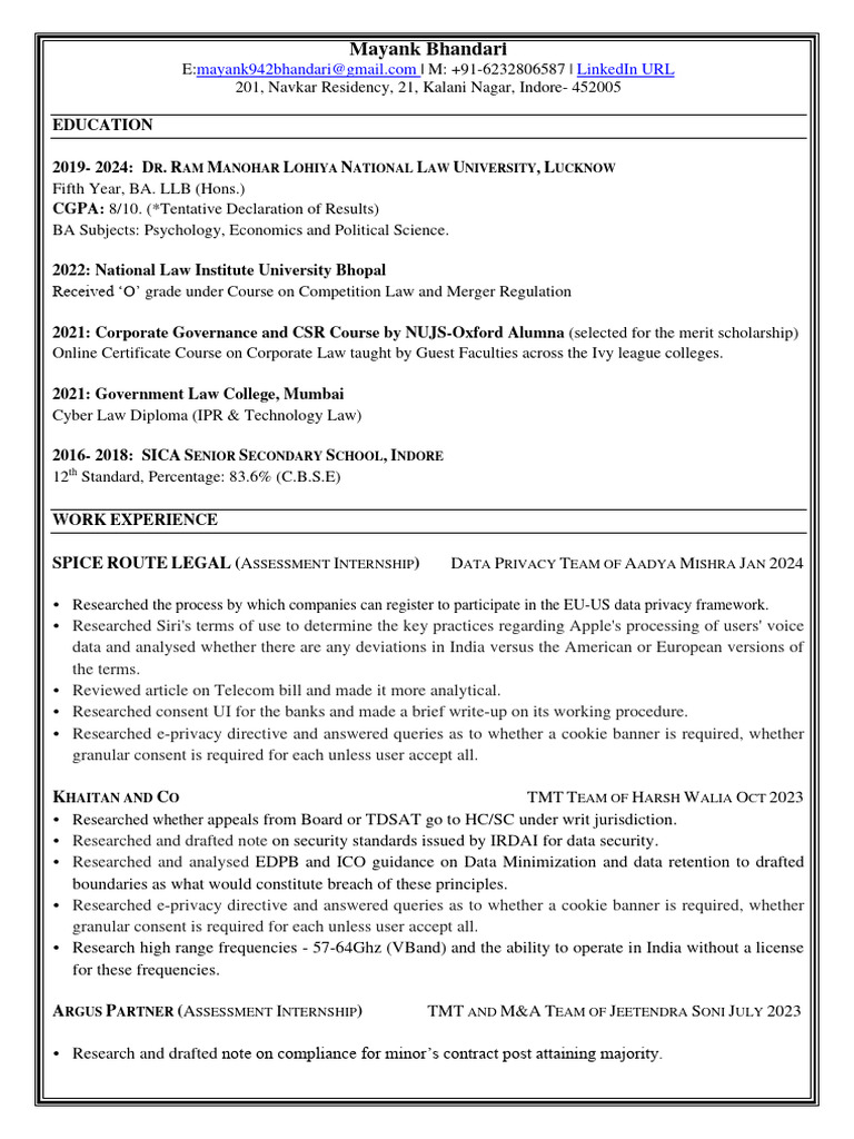 CV - Mayank Bhandar - 2024 | PDF | Privacy | Regulatory Compliance