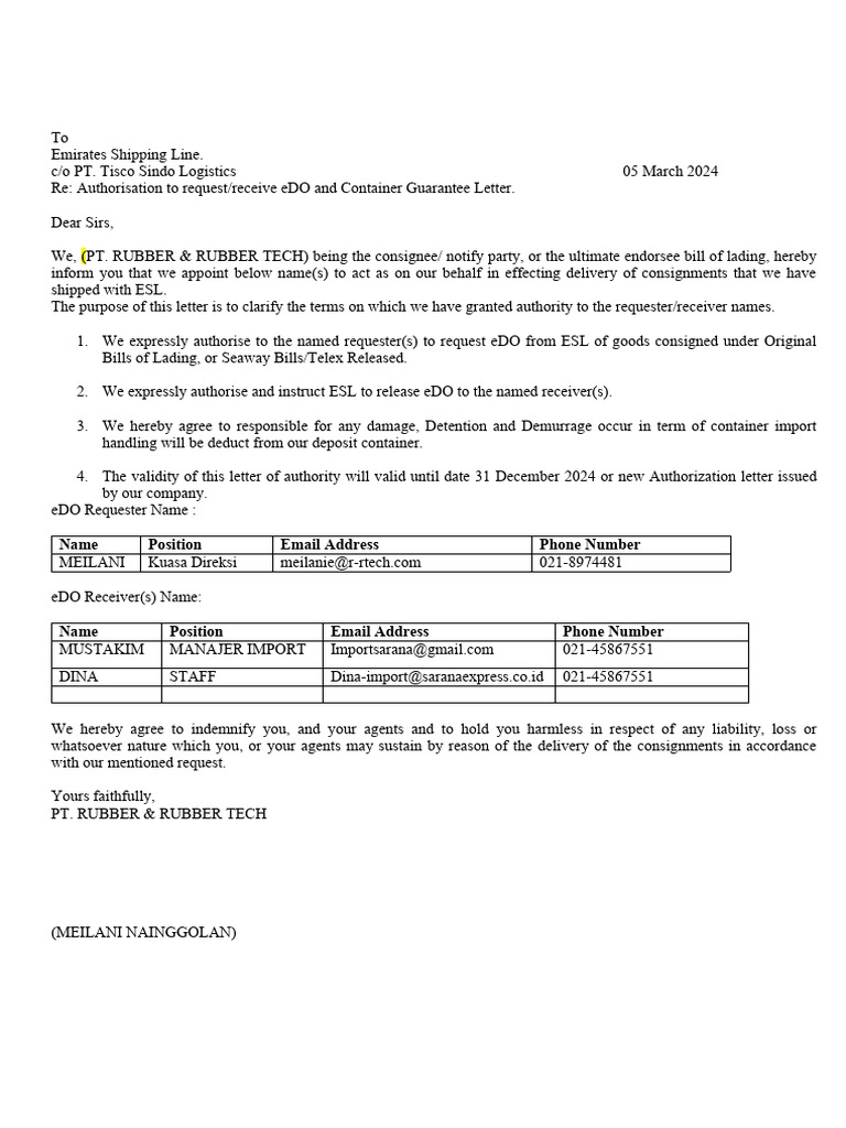 eDO Authorization for Container Delivery | PDF | Business