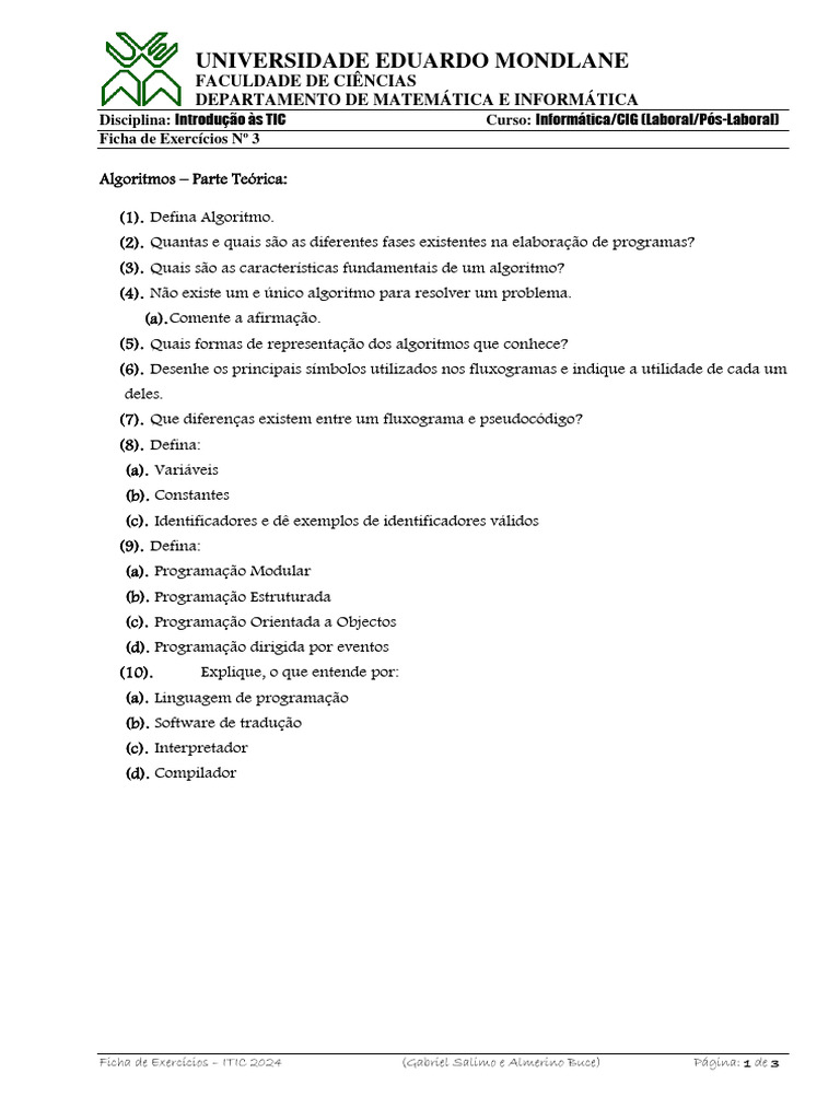 Ficha de Exercicios NR 3 ITIC 2024 | PDF | Algoritmos | Números