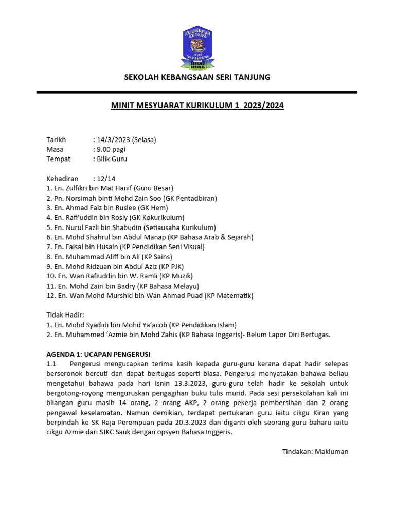 2023 - Minit Mesyuarat Kurikulum 1 - 2023 | PDF