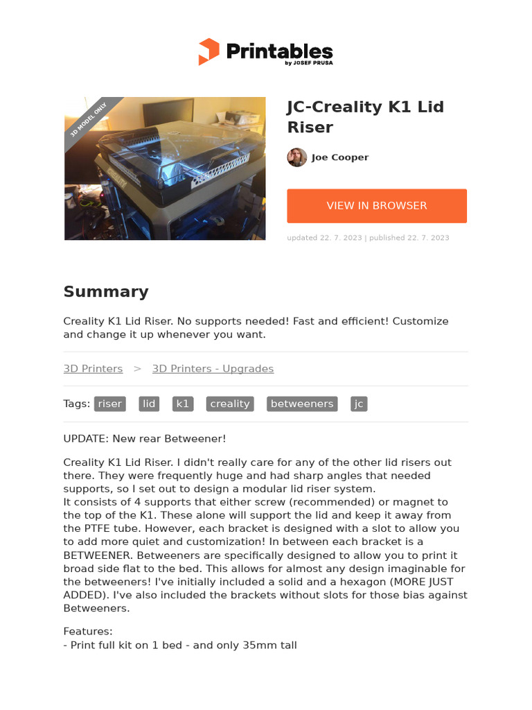 JC Creality k1 Lid Riser | PDF | Home & Garden