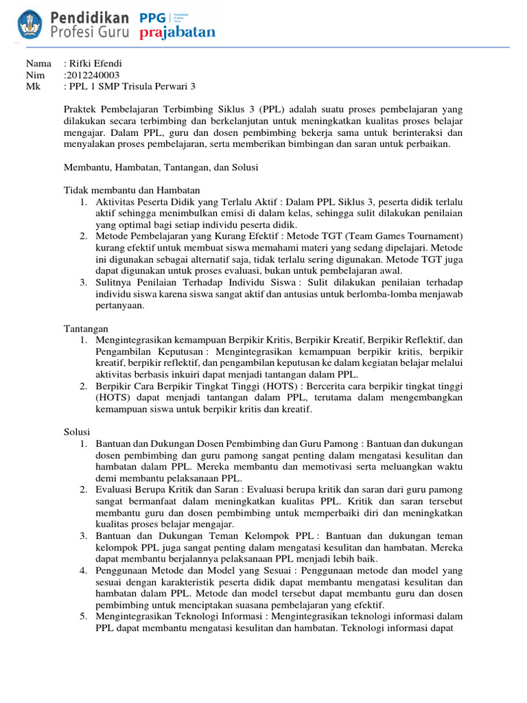 PPL-1-Ruang Kolaborasi - Praktek Pembelajaran Terbimbing Siklus 3 | PDF