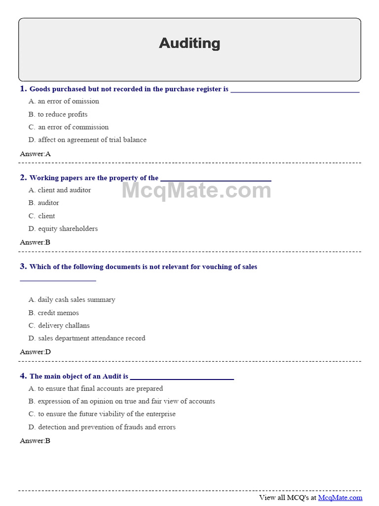 Auditing MCQ | Download Free PDF | Audit | Financial Audit