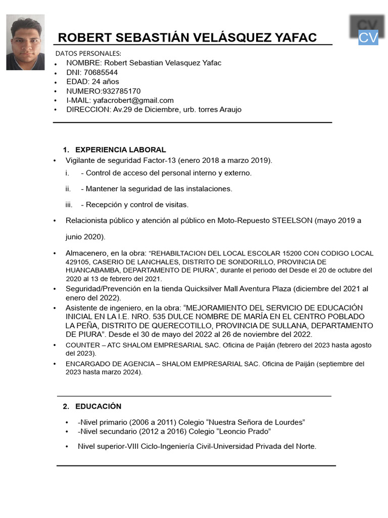 CV Robert Sebastian Velasquez Yafac. | PDF
