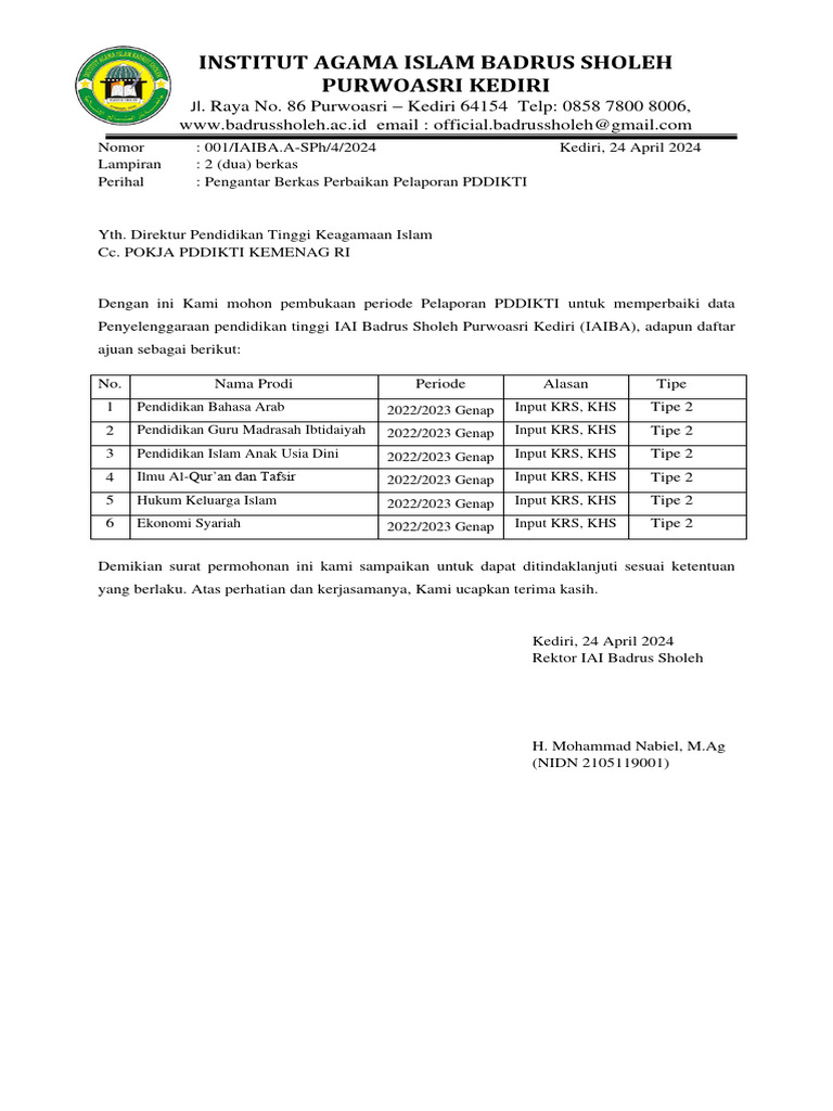 Format Surat Pengantar Berkas Perbaikan Pelaporan Pddikti 2 | PDF