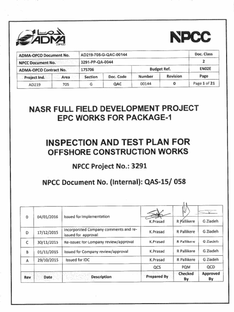 3291-Pp-Qa-0044-Ver-C0000 - Itp For Offshore Construction | PDF