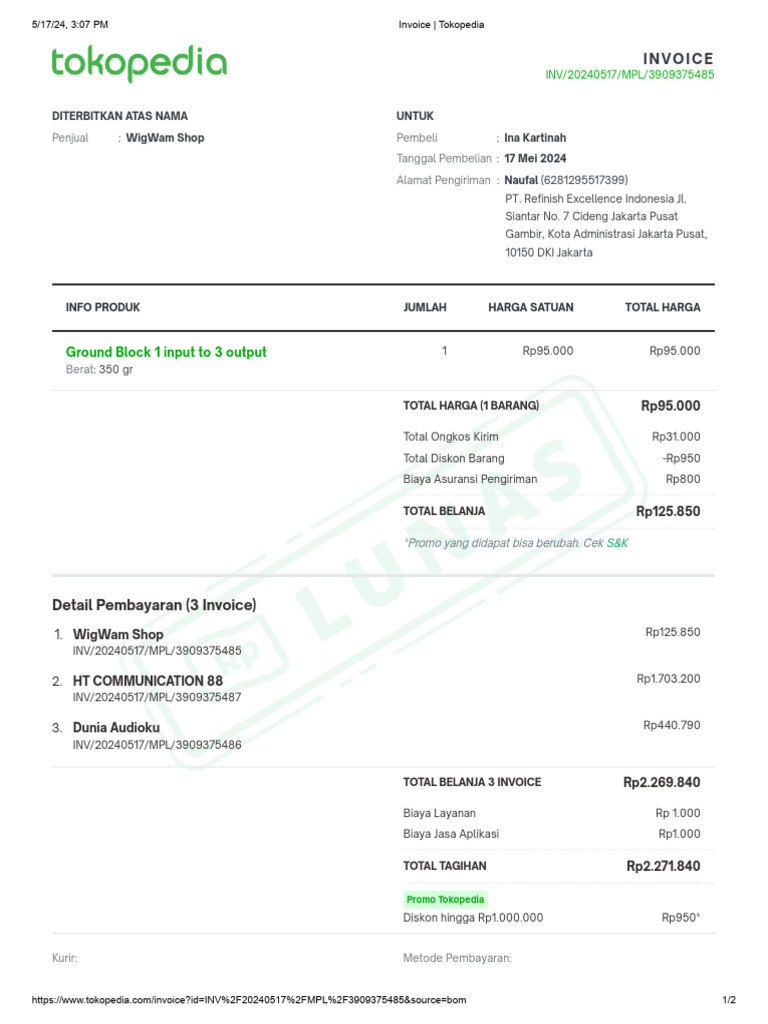 Invoice - Tokopedia 485 | PDF