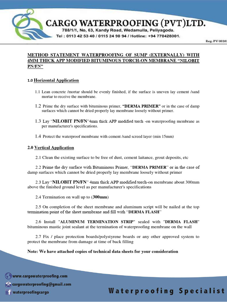 Method Statement of Sump (Externally) - Membrane | PDF