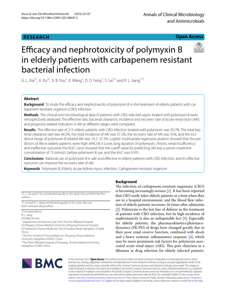 Efficacy and Nephrotoxicity of Polymyxin B in Elderly Patients With ...