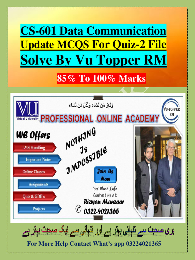 CS601 Quiz-2 by Vu Topper RMwwe | PDF | Modulation | Computer Network