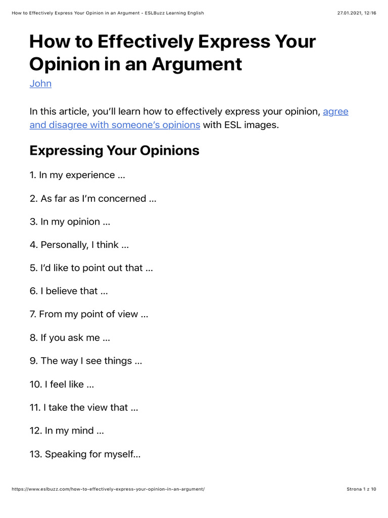 Expressing Opinions in Arguments Guide | PDF | Experience | Cognitive ...