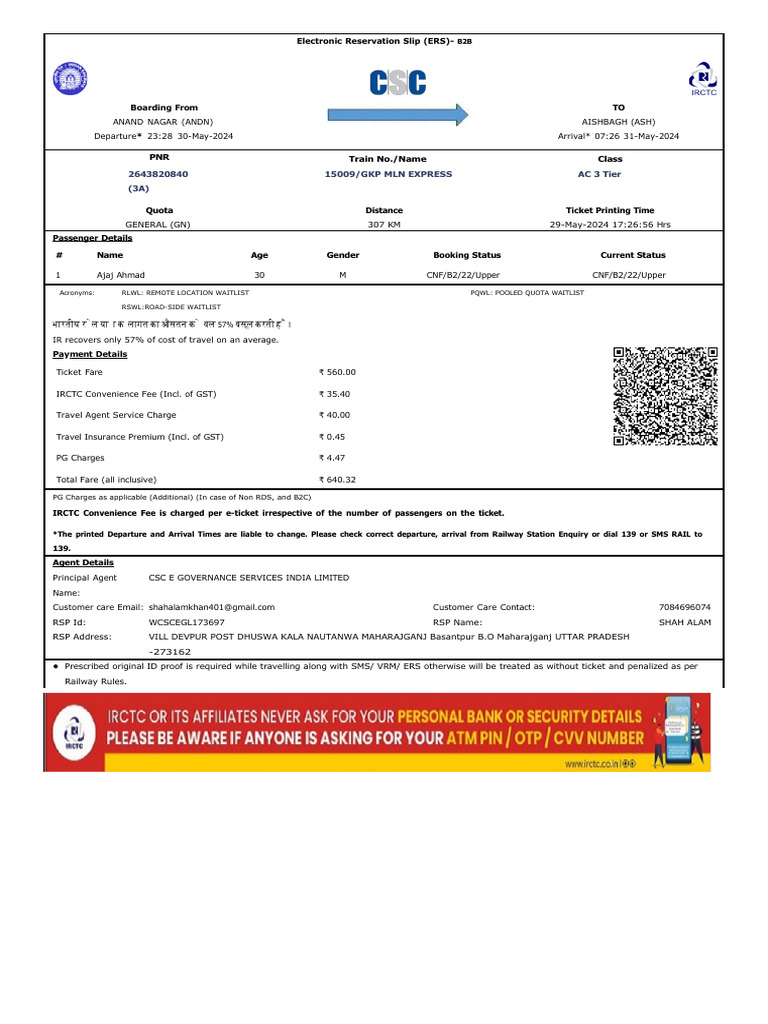 CSC E-Governance Service India Limited - Ticket Details | PDF | Rail ...