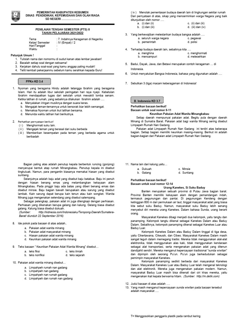 SOAL PTS KLS 4 TEMA 7 2022 Ok | PDF