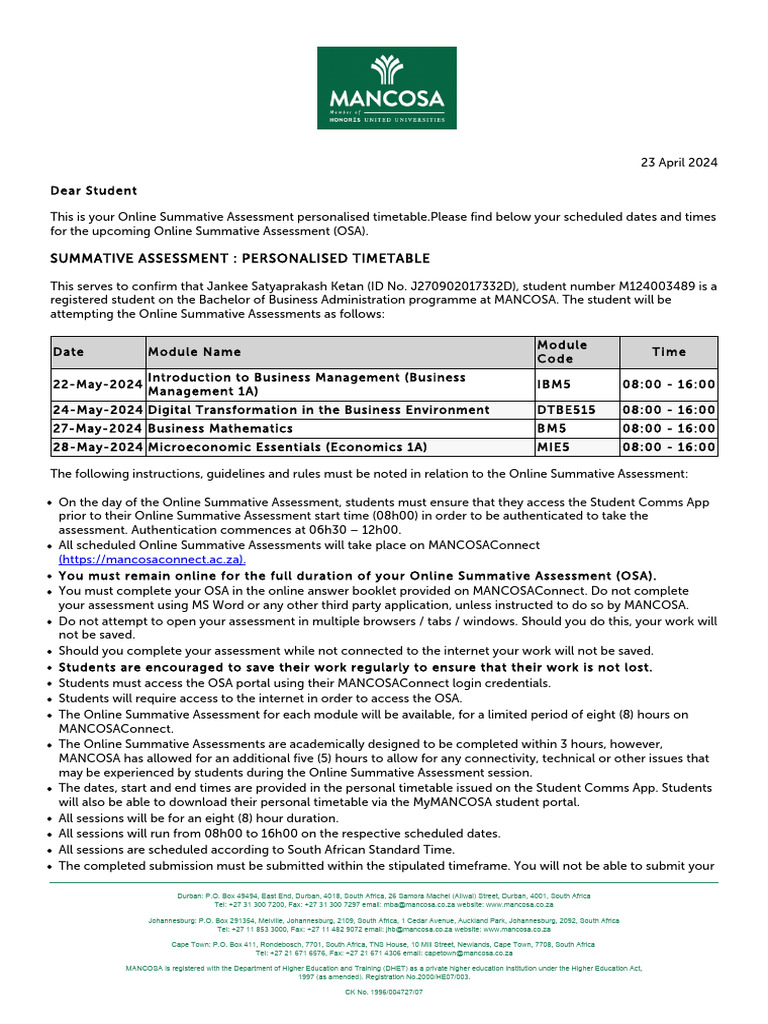 MANCOSA Online Summative Assessment Timetable | PDF | Computing | Software