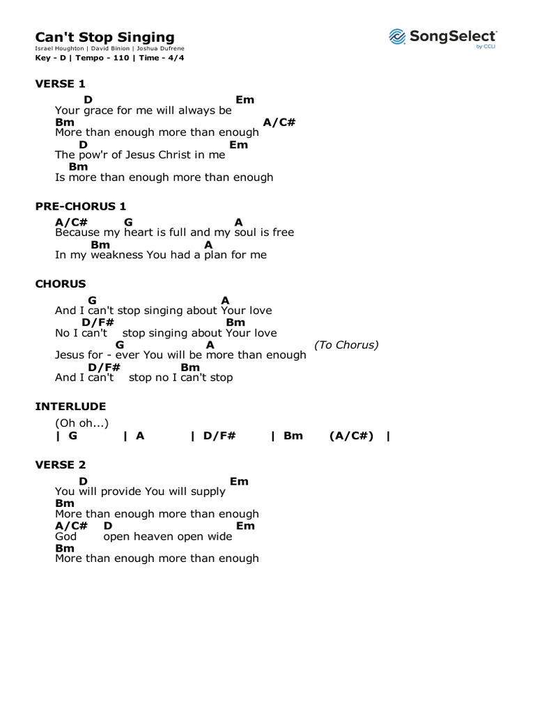 Can't Stop Singing D | PDF | Song Structure | Christian Belief And Doctrine Can't Stop Singing D | PDF | Song Structure | Christian Belief And Doctrine