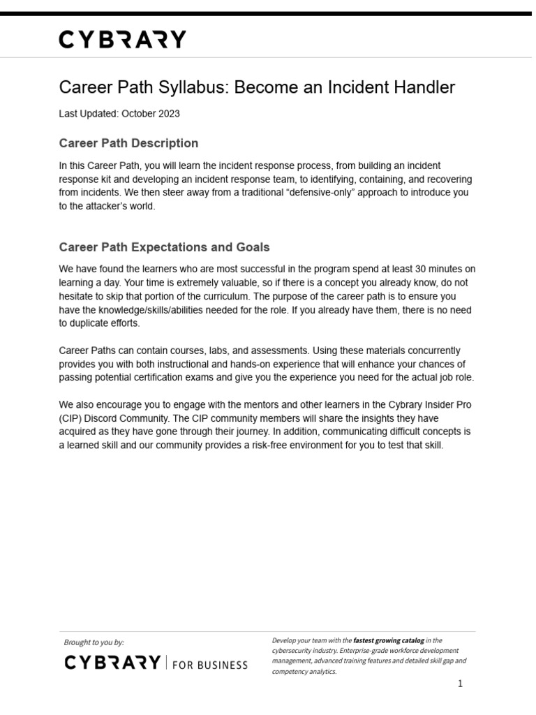 Career Path Syllabus - Incident Handler | PDF | Learning | Mentorship