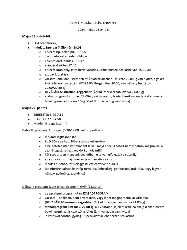 OSZTÁLYKIRÁNDULÁS-tervezet 2024 | PDF