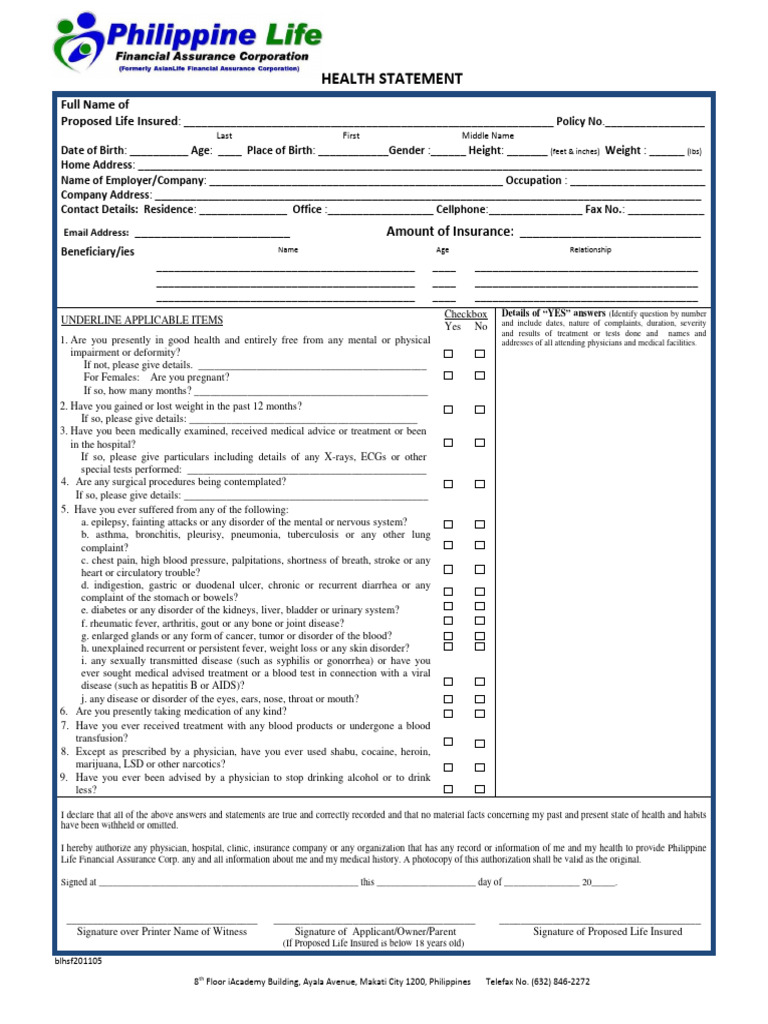 Health Statement Form for Insurance | PDF | Causes Of Death | Clinical ...