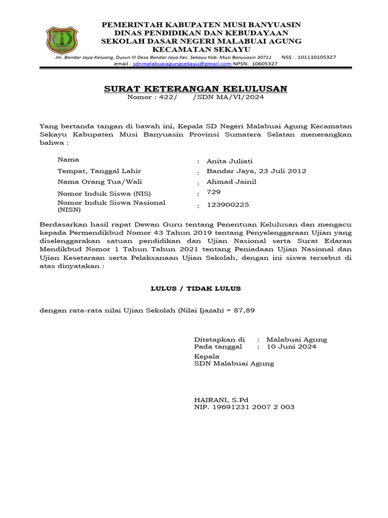 Surat Keterangan Kelulusan SD 2024 | PDF