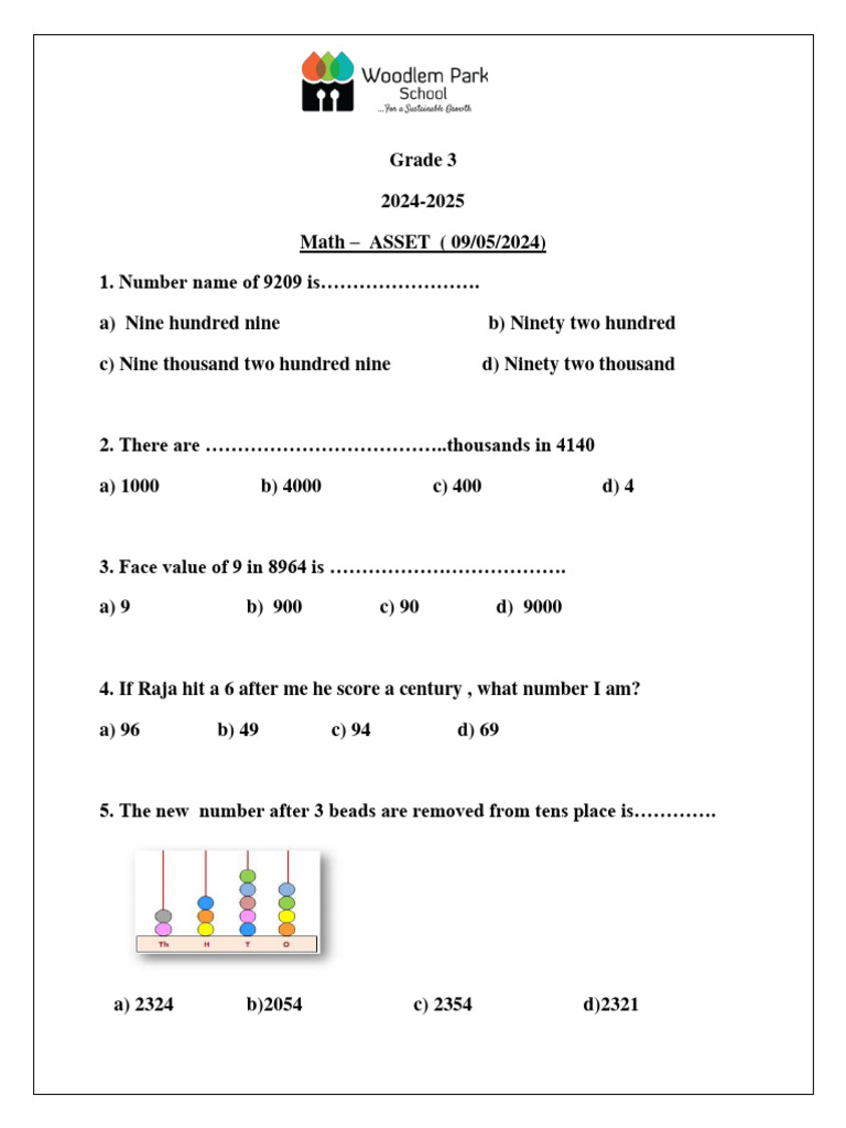 Grade 3 Math Quiz 2024-2025 | PDF