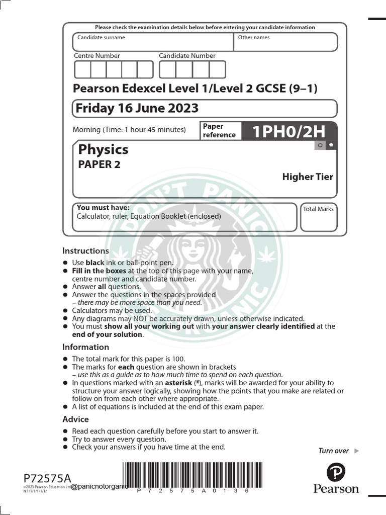 Edexcel Gcse June 2023 Physich Triple Science 1pho 2h Paper 2 Higher ...