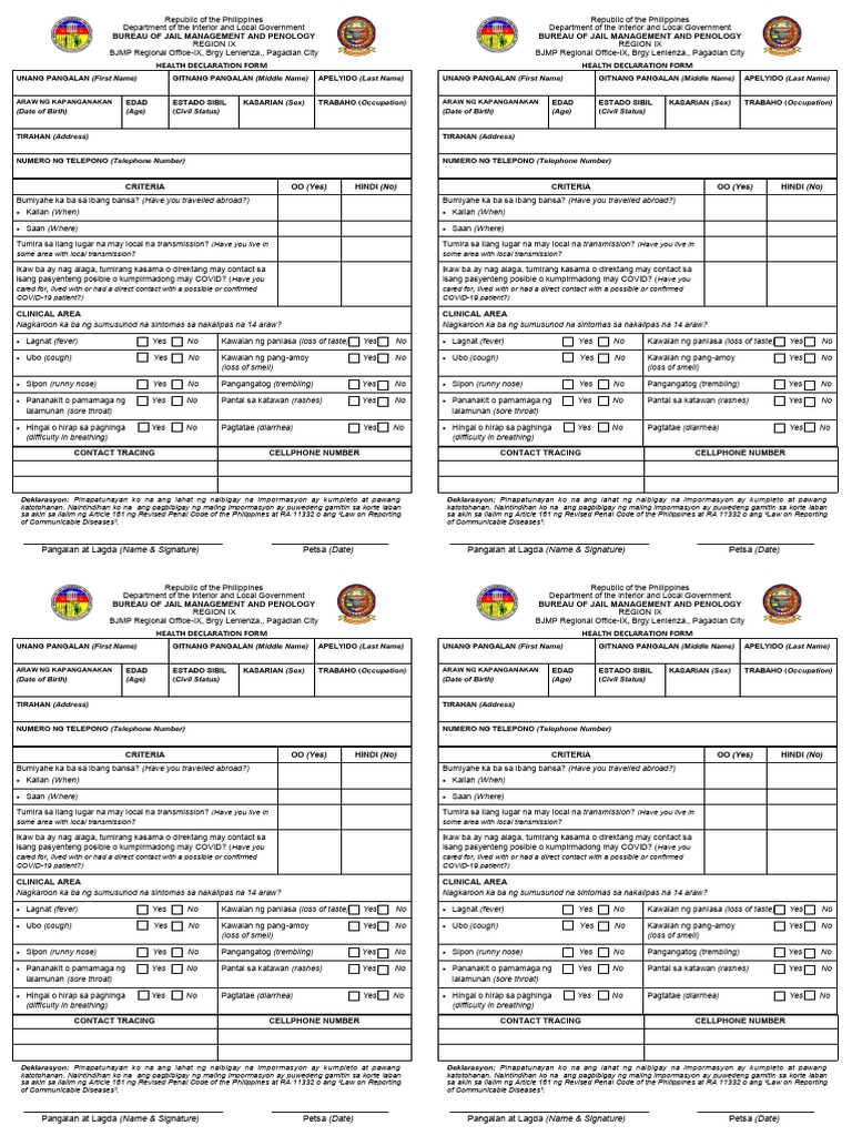 BJMP Health Declaration Form FINAL | PDF