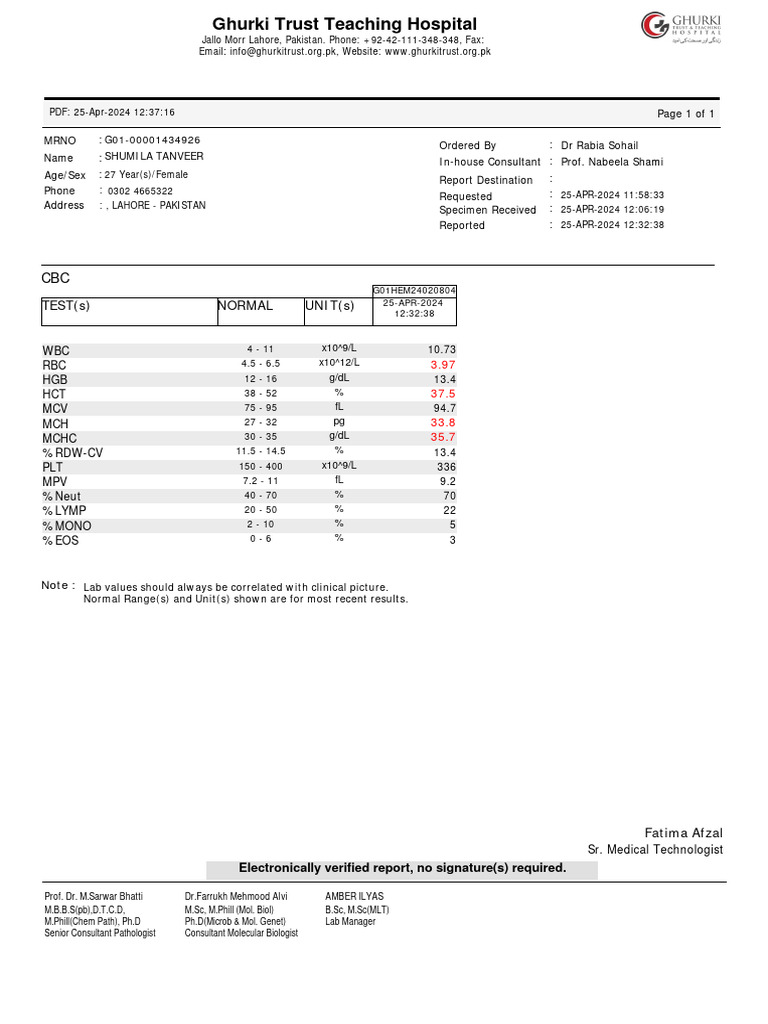TEST(s) Normal UNIT(s) : WBC RBC HGB HCT MCV MCH MCHC %RDW-CV PLT MPV ...