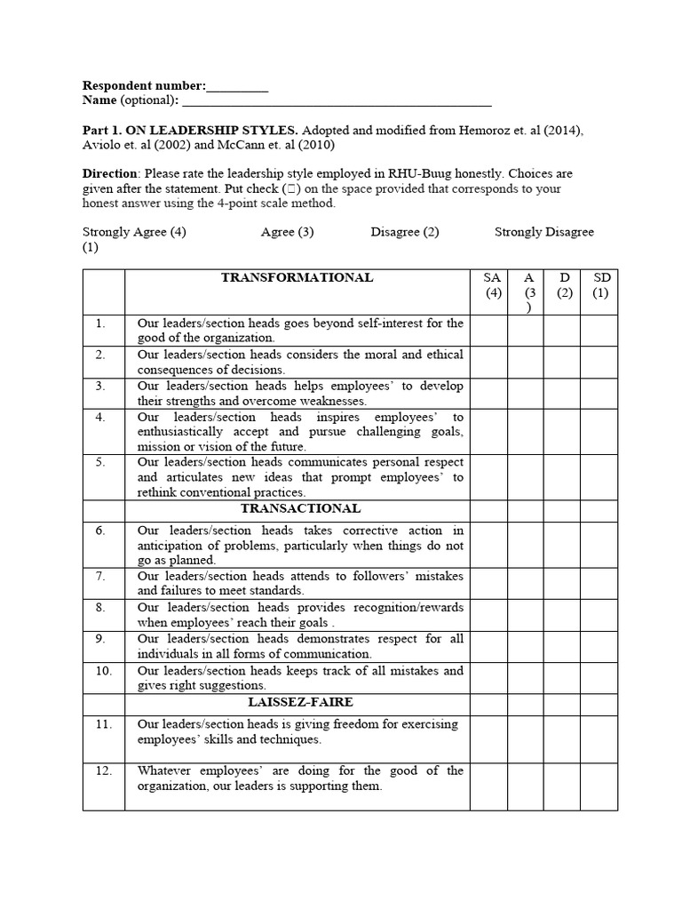 A Questionnaire-Checklist On Leadership Styles | PDF | Leadership ...