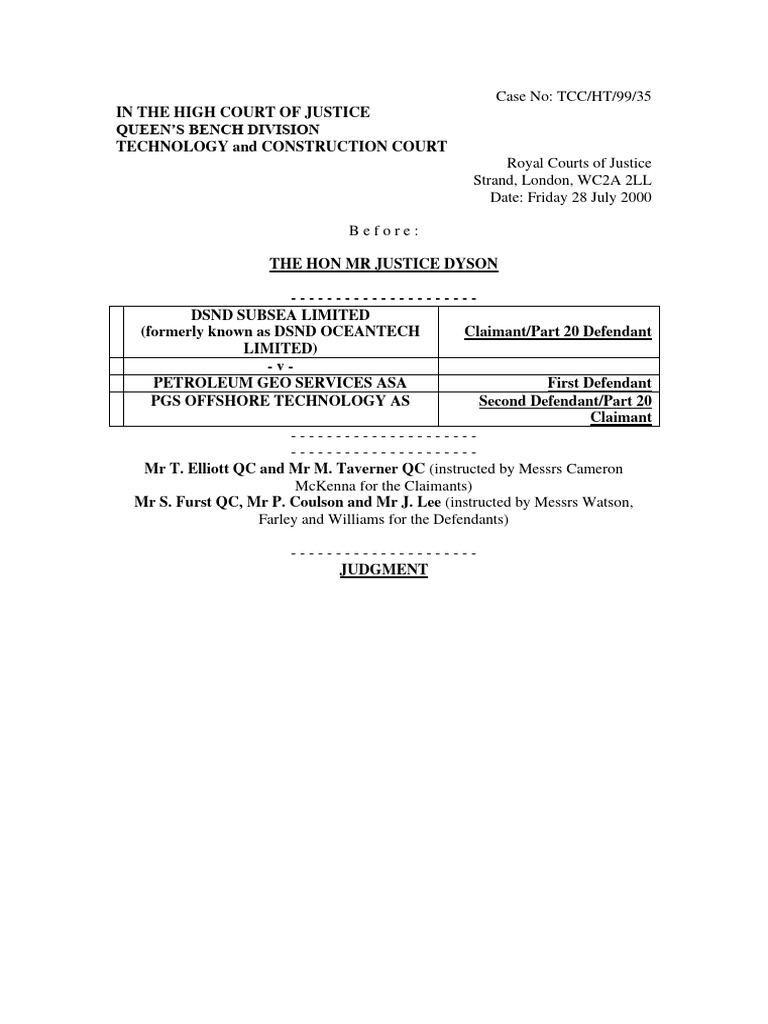 DSND Subsea V Petroleum (2000) EWHC 185. | PDF | Indemnity | Liability ...