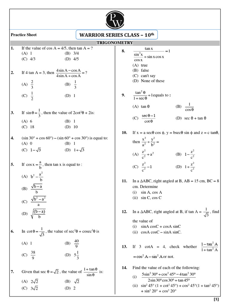 Class 10 Trigonometry Practice Sheet | PDF | Elementary Geometry ...