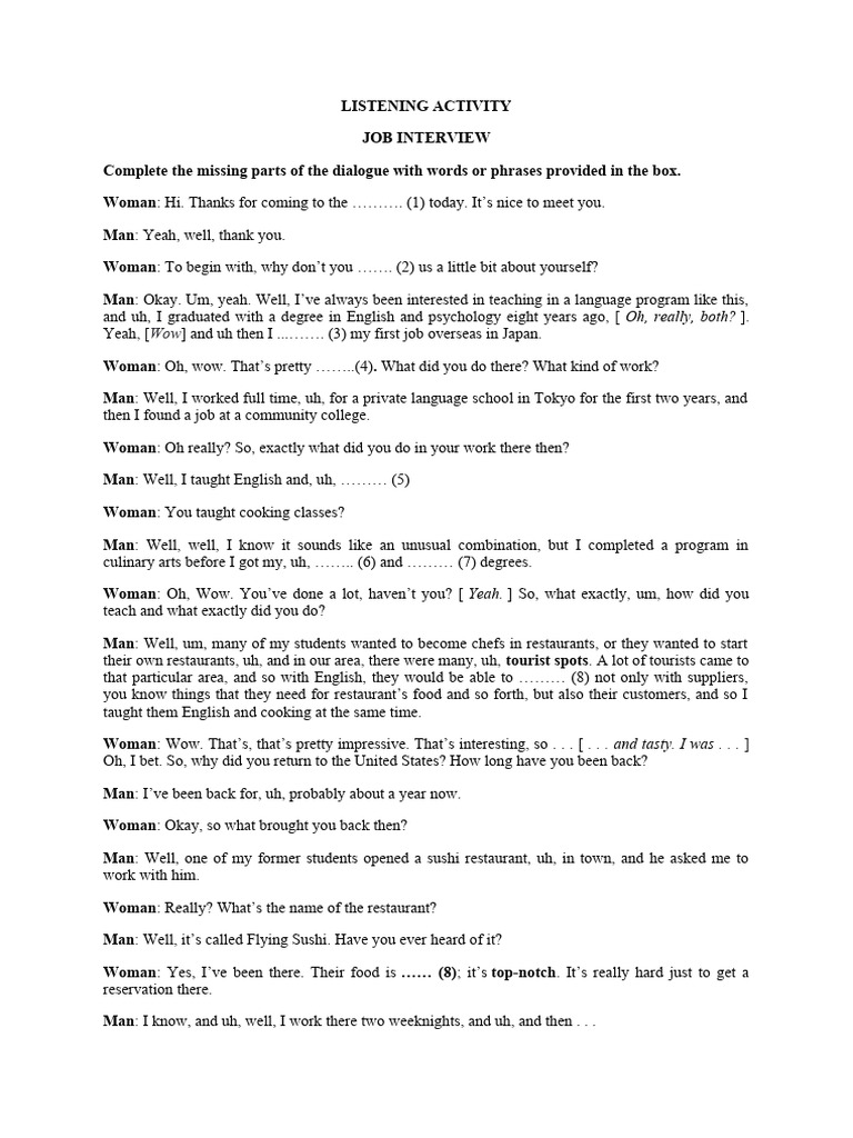 Listening Activity Job Interview | PDF