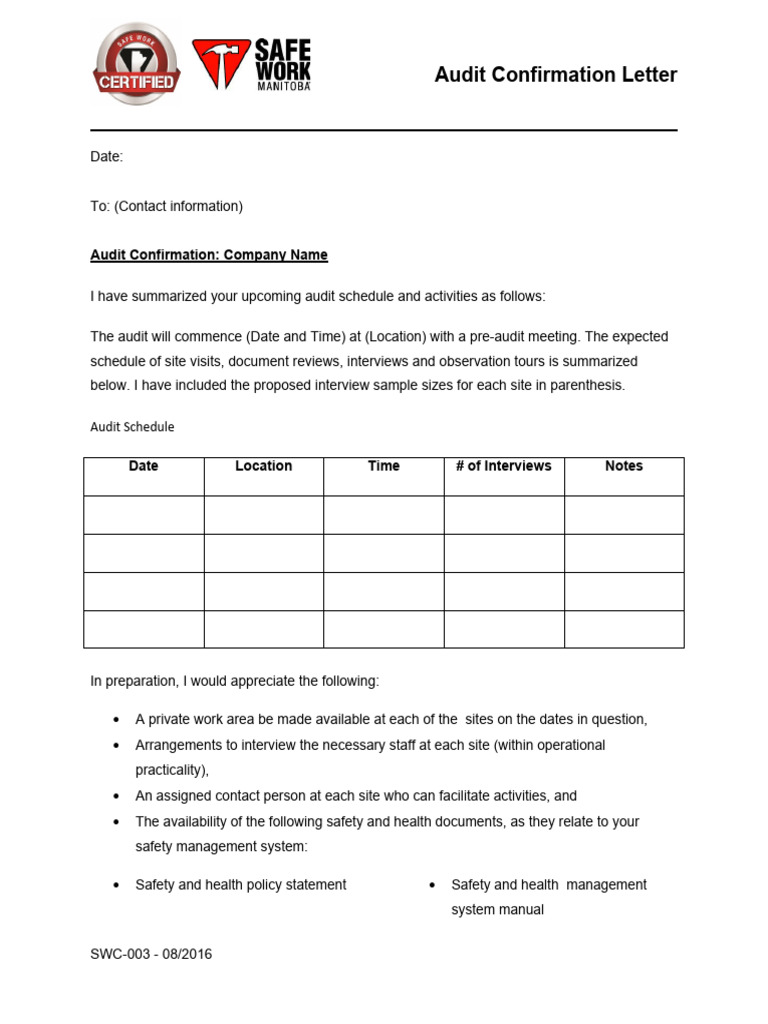 Audit Confirmation Letter | Download Free PDF | Occupational Safety And ...
