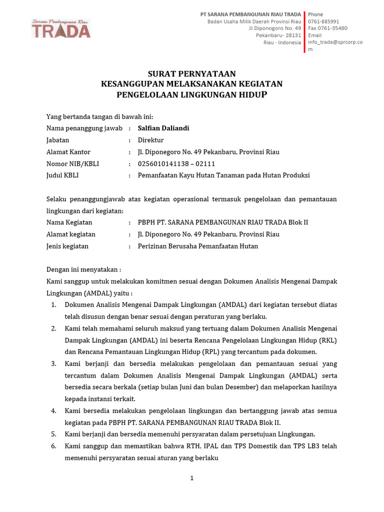 Surat Pernyataan Pengelolaan LH | PDF