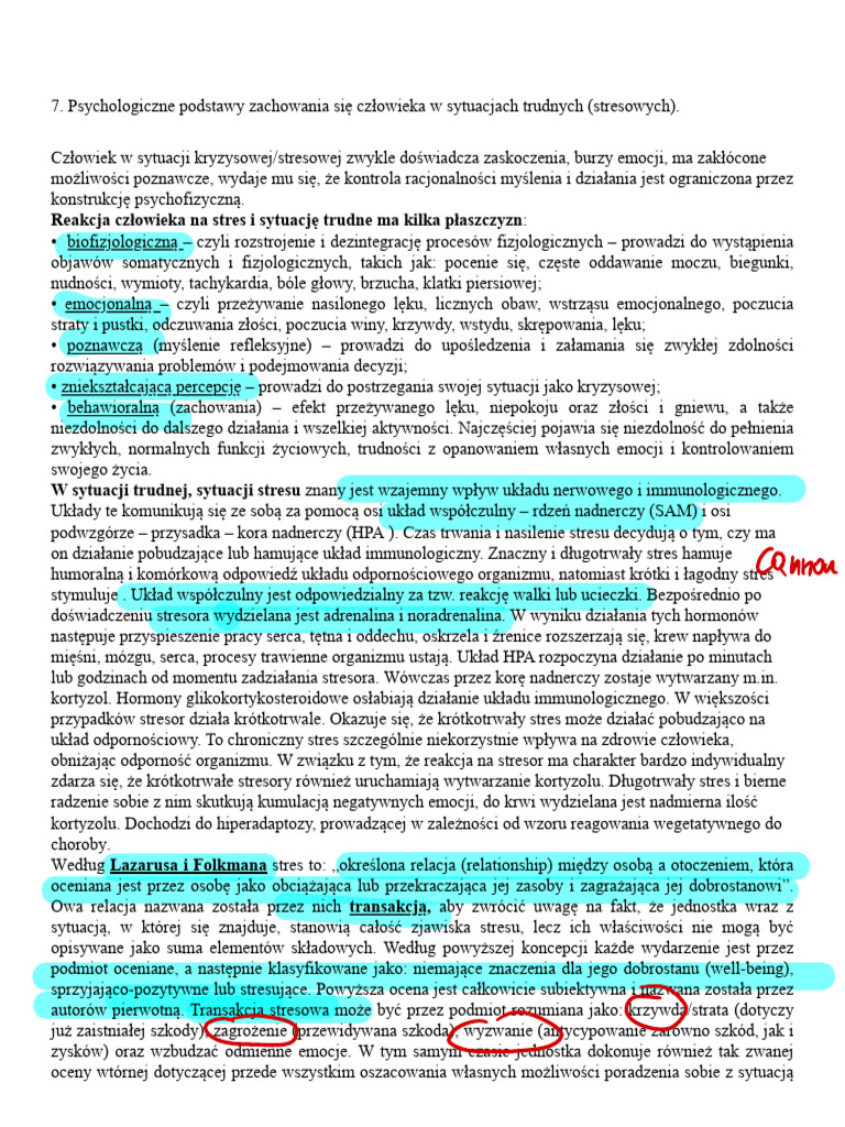 Pyt. 7 Zachowanie Się Człowieka W Sytuacjach Trudnych (Stresowych) | PDF