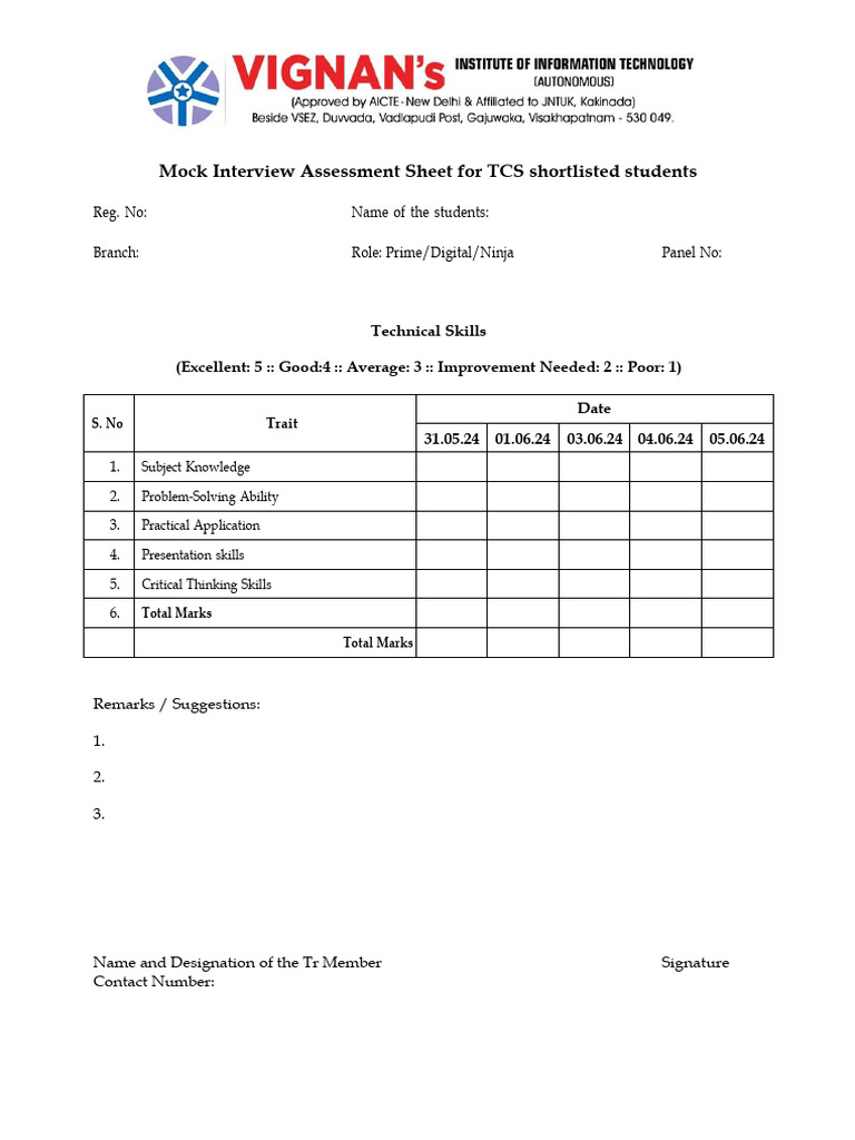 TCS Assessment Sheet - Technical Skills | PDF | Career & Growth