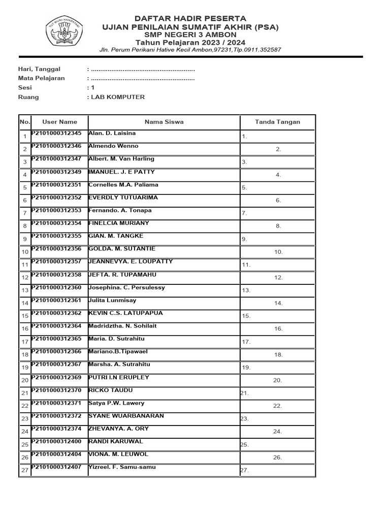 Daftar Hadir Peserta Ujian | PDF