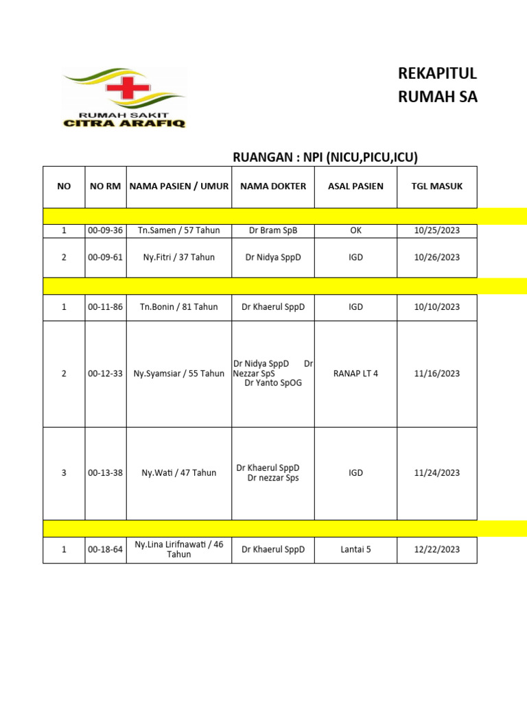 Rekapitulasi Pasien Icu (Npi) | PDF
