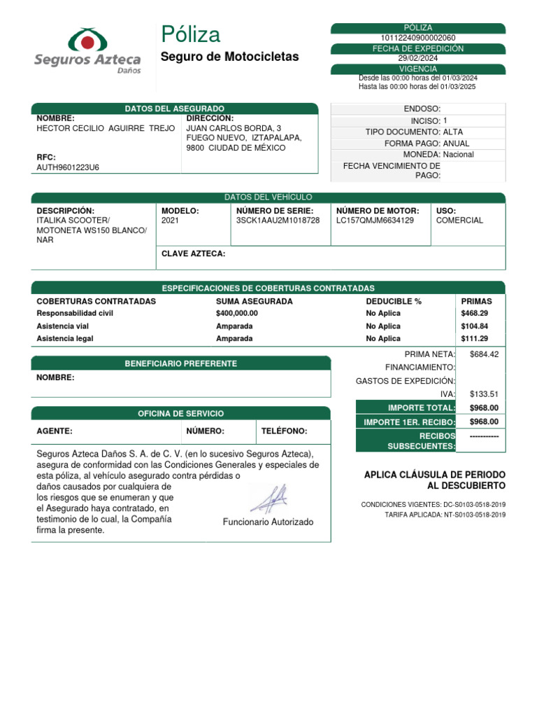 P Ó Liza 10112240900002060 | PDF | Póliza de seguros | Seguro